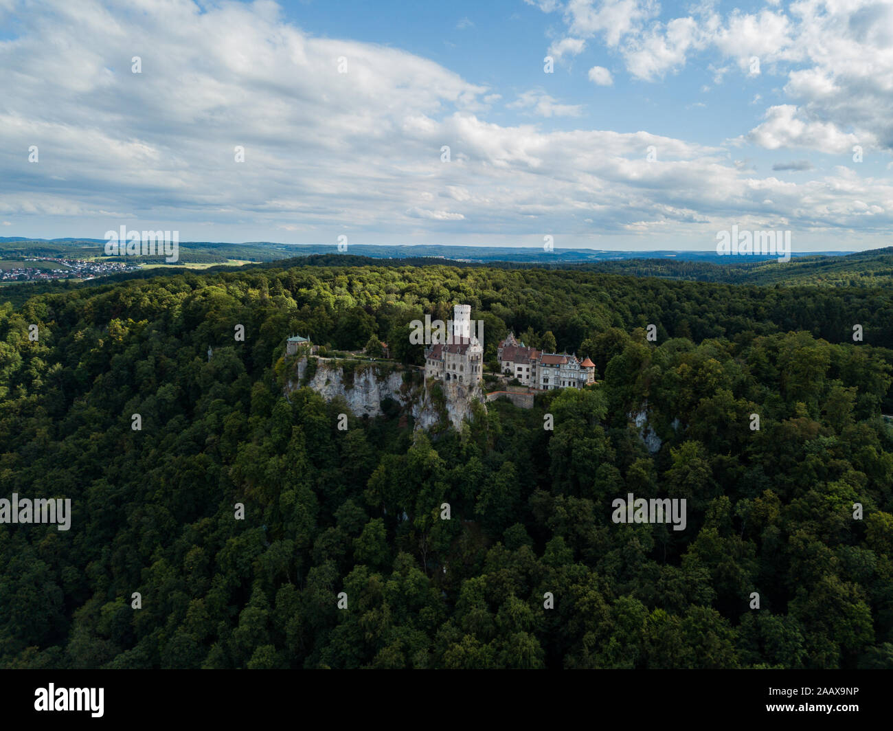 Aerial view of Lichtenstein castle in cloudy weather. Germany in the ...