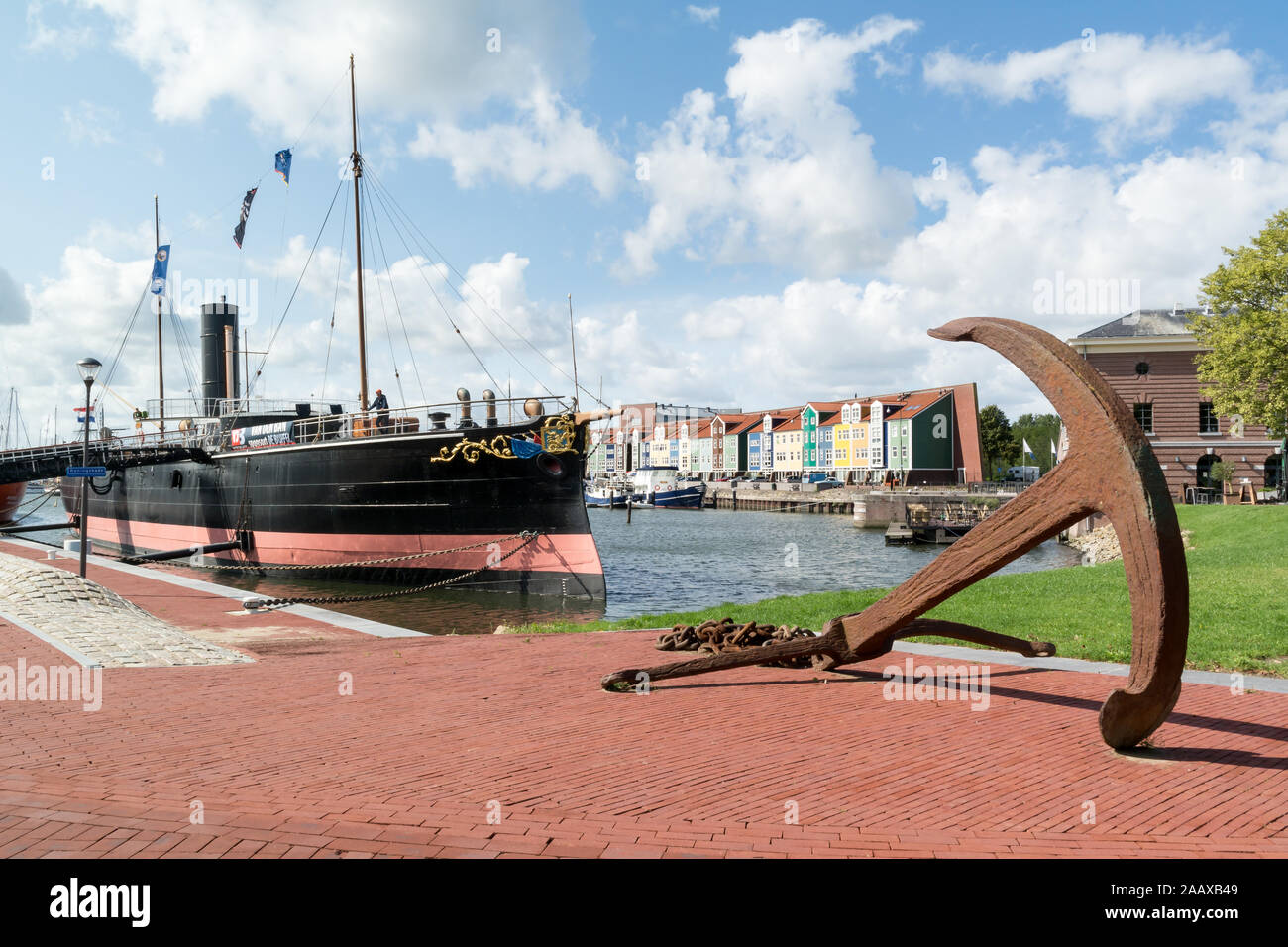 Museum ship Buffel, anchor and wharf houses in the harbour of ...