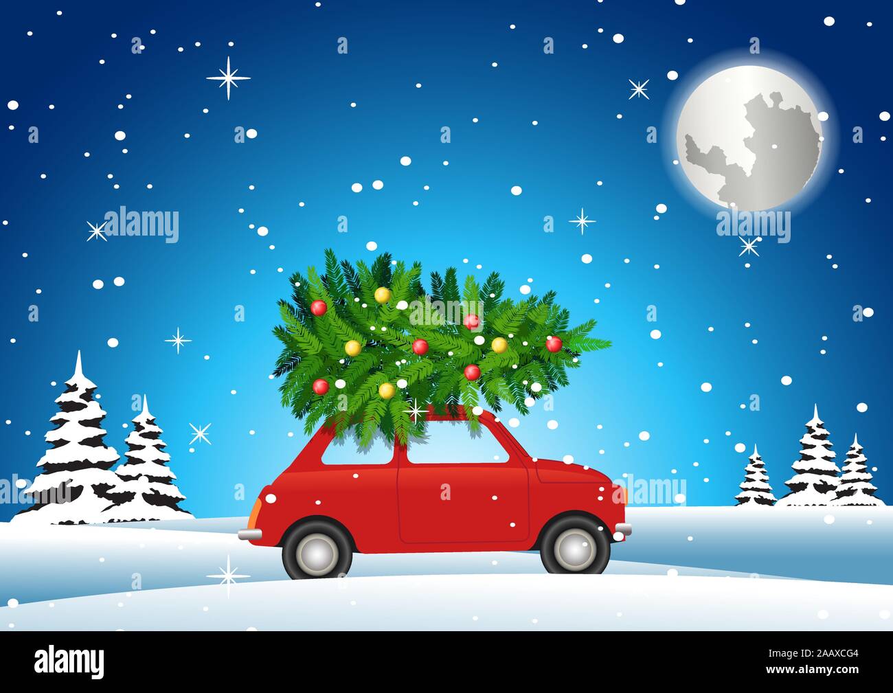 red car carry on christmas tree to decorate on big holiday in winter ...