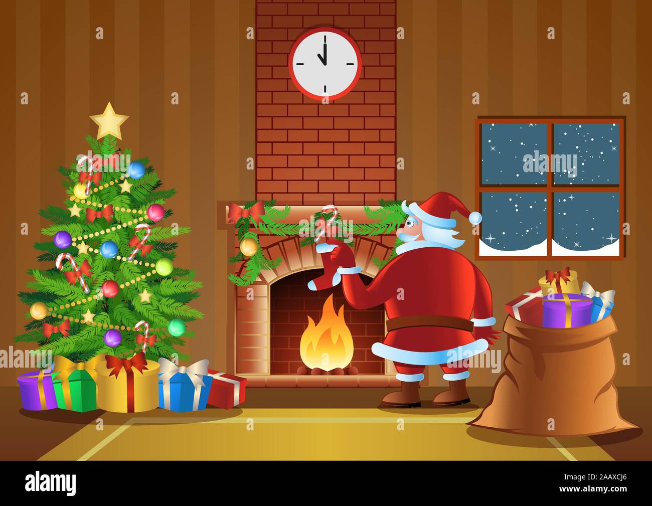 Santa Claus send gift in fireplace room in Christmas night,vector ...