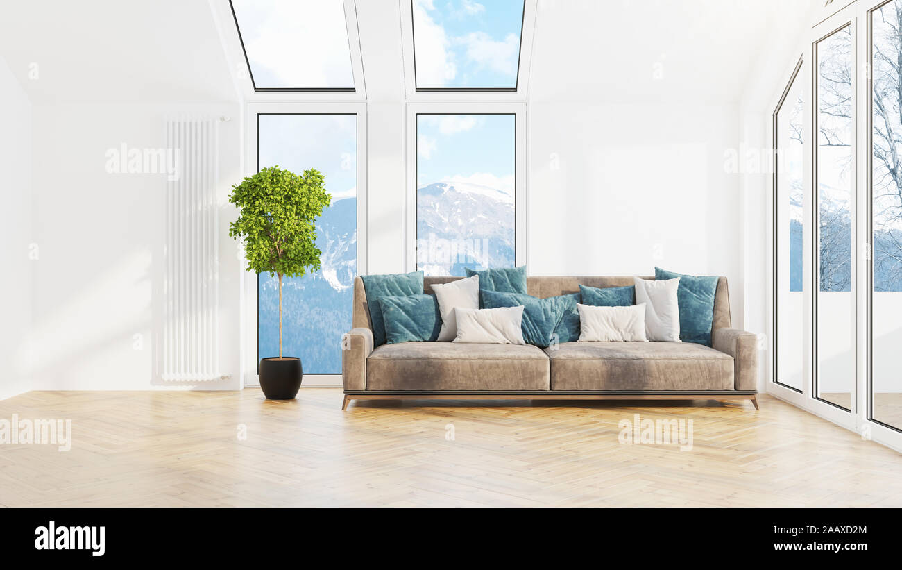 Modern design living room interior with beautiful view . 3D rendering ...