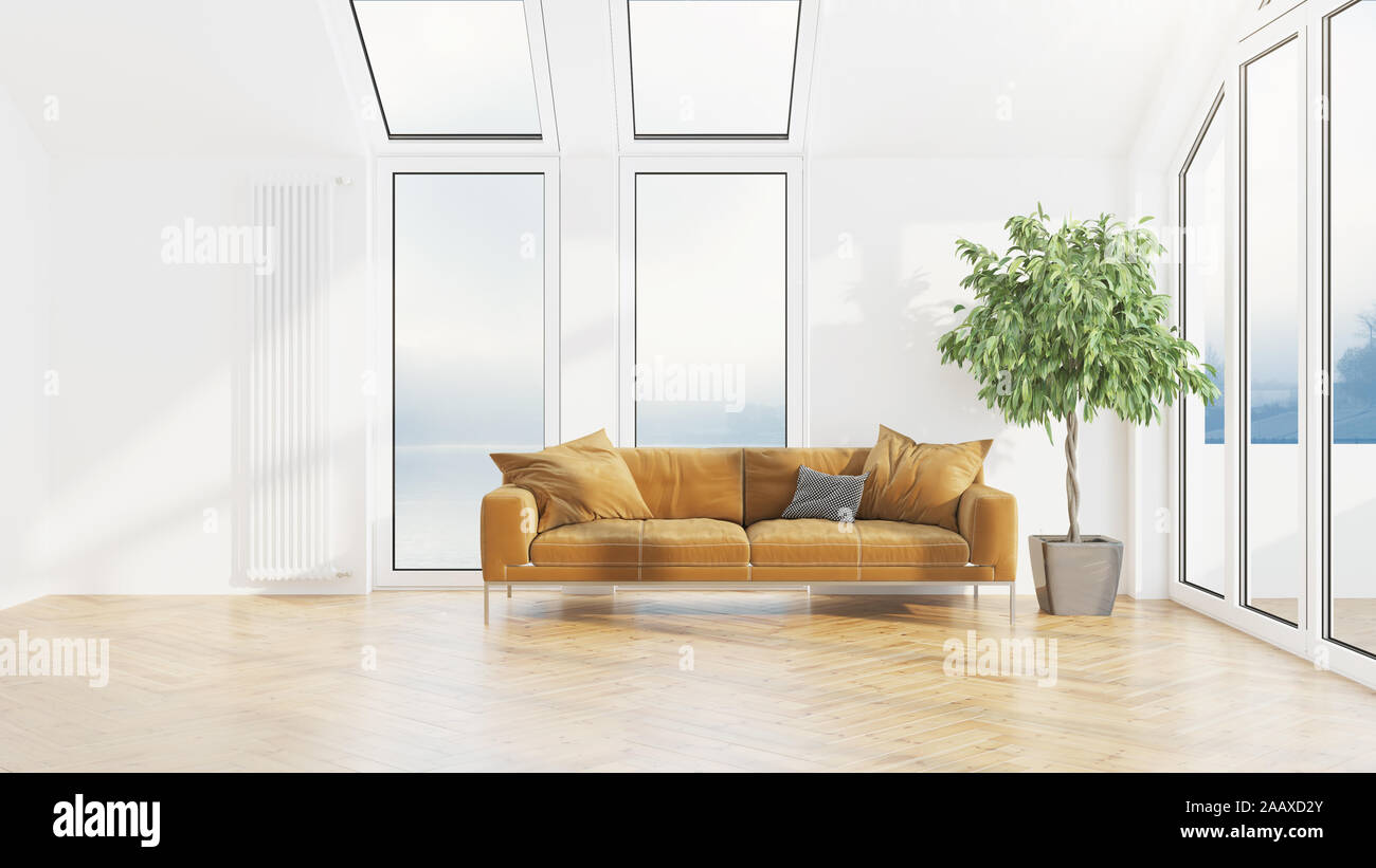 Modern design living room interior with beautiful view . 3D rendering ...