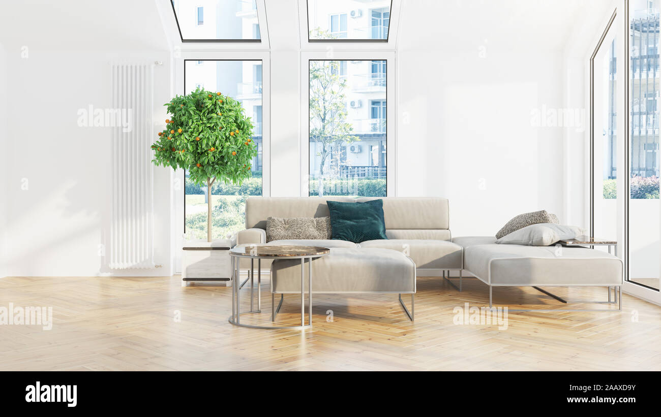 Modern design living room interior with beautiful view . 3D rendering ...