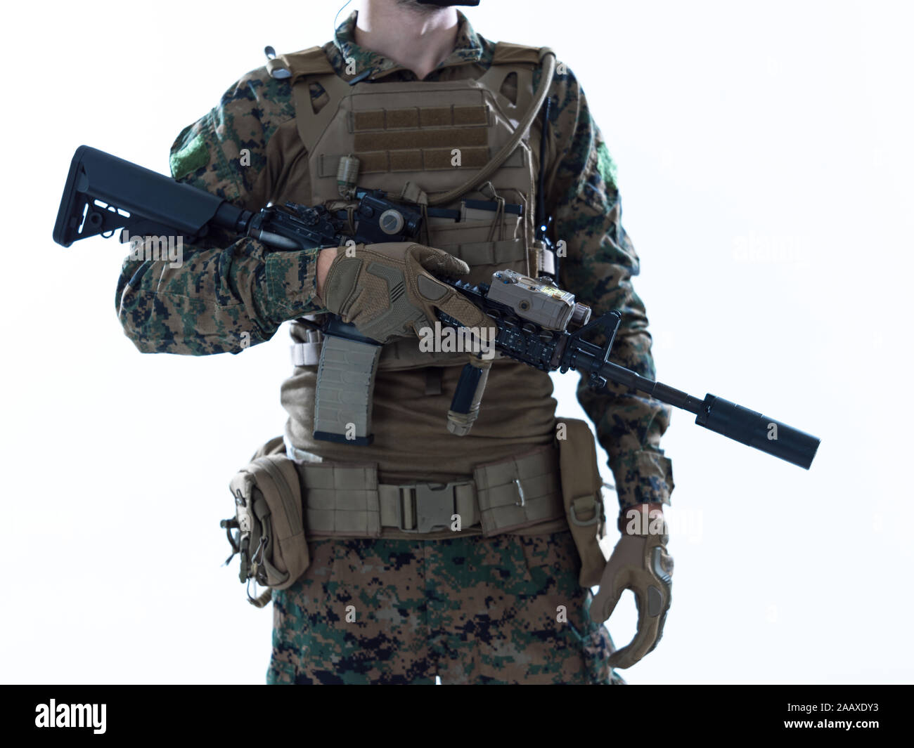 american marine corps special operations soldier with fire arm weapon and protective army ...
