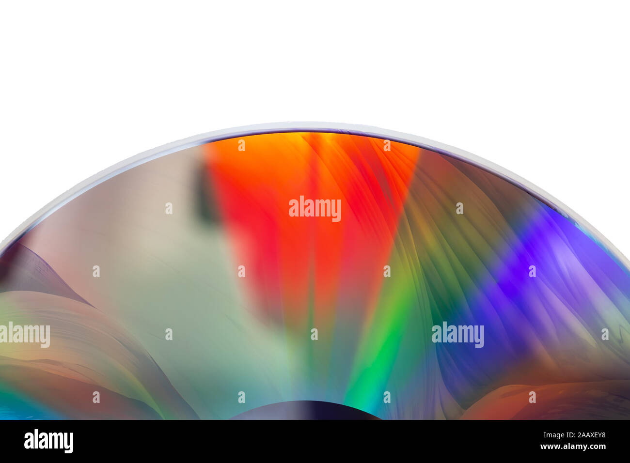 Part of a cracked DVD disc with multi-colored reflections, on a white ...