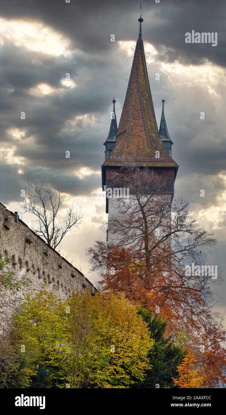 Musegg Wall and its nine towers, part of the historic fortifications of ...