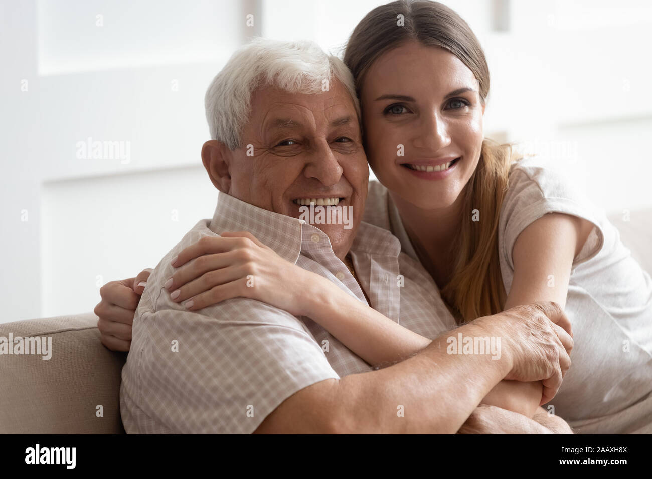 Head shot close up portrait happy two generations family cuddling Stock ...