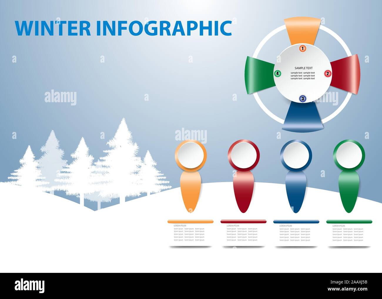 Winter infographic of blank circles with colorful metal labels ready for your text. Winter snow ...
