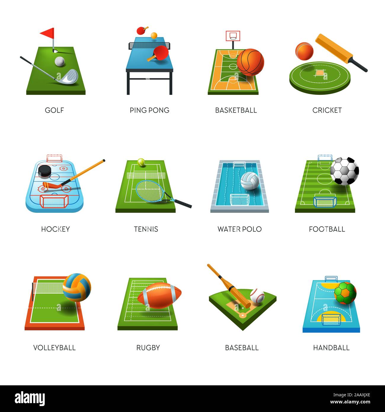 Fields and sport equipment isolated icons, play game Stock Vector Image ...