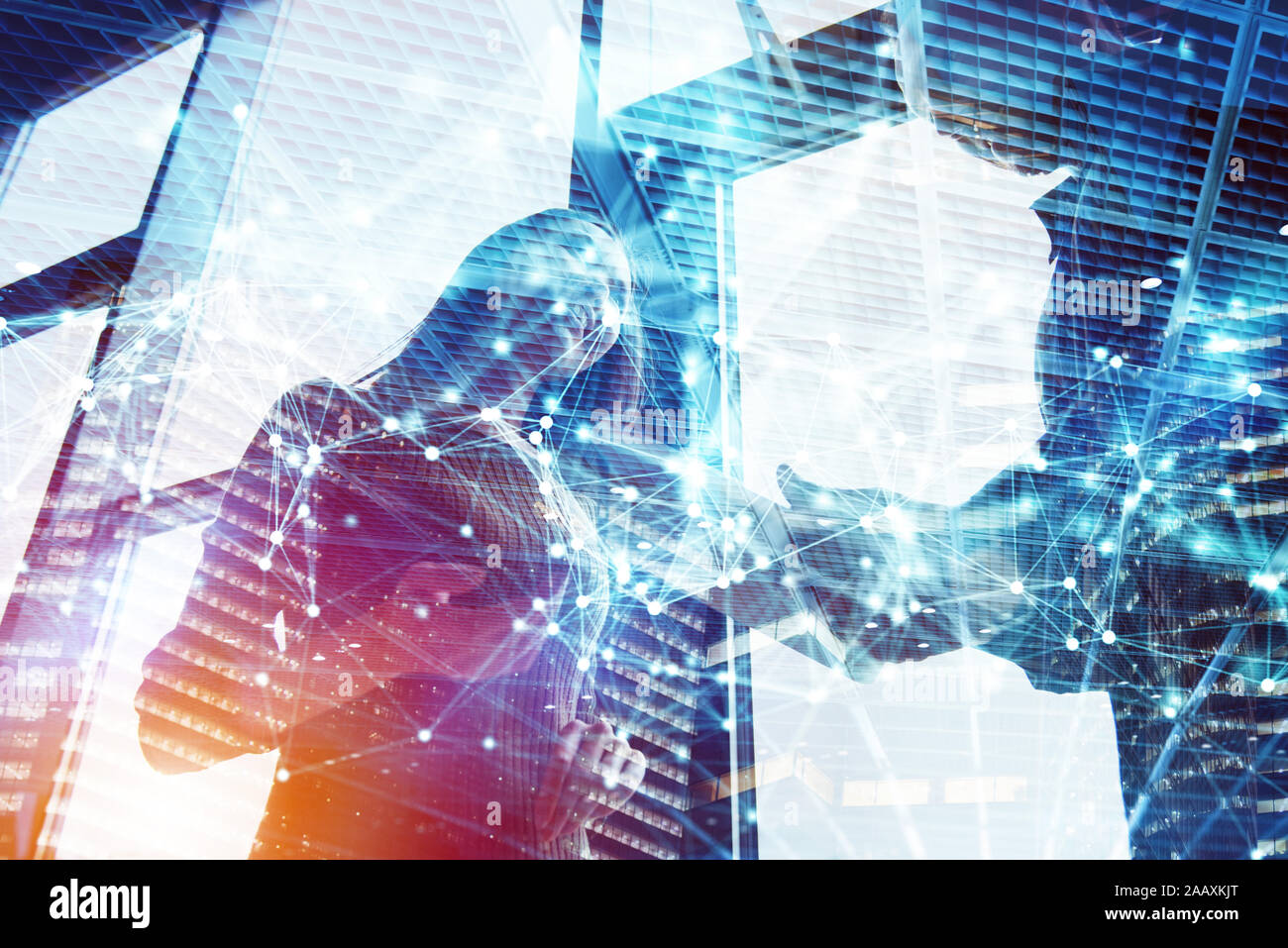 Network background concept with business people silhouette. Double ...