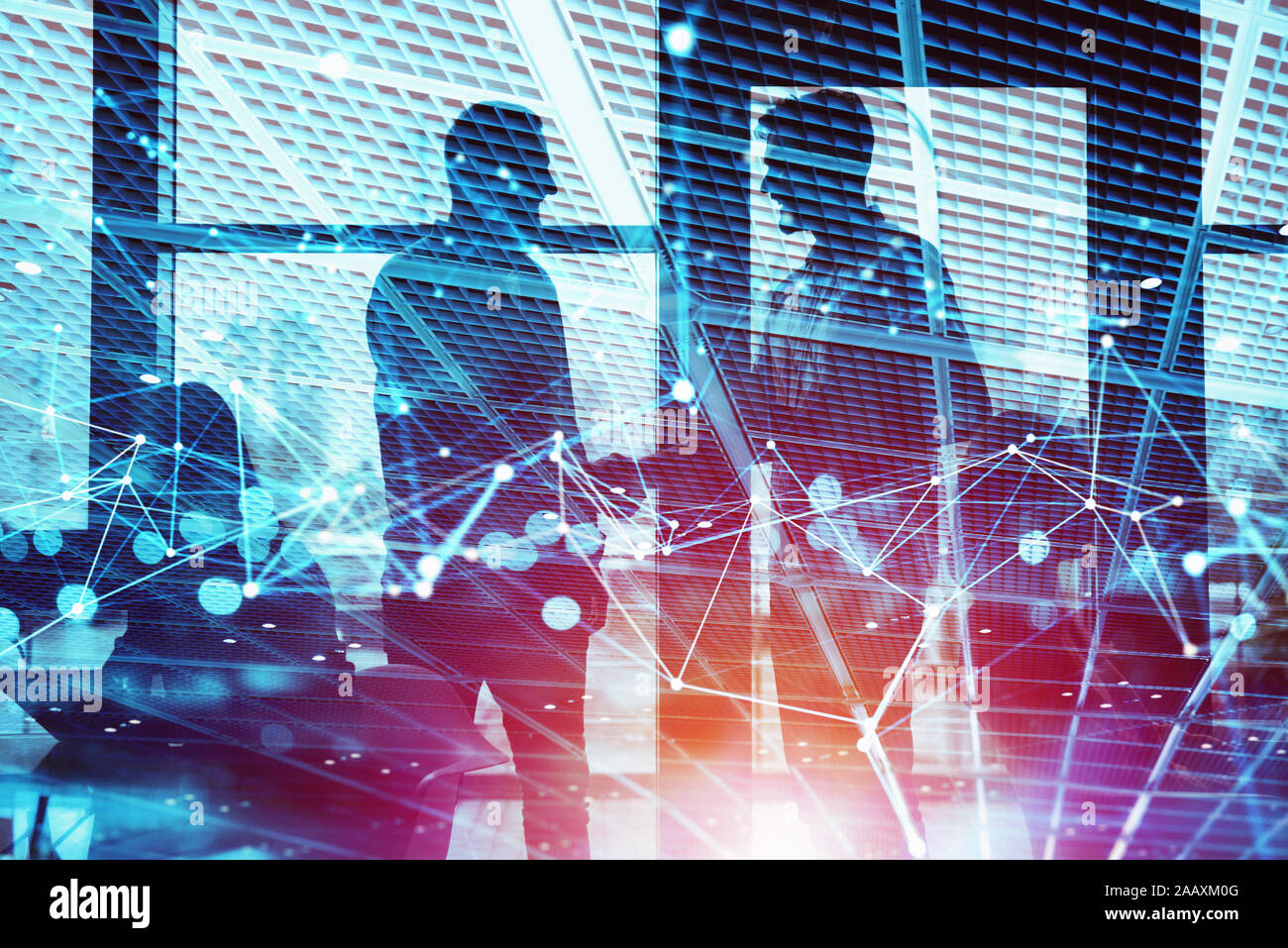 Network background concept with business people silhouette. Double ...