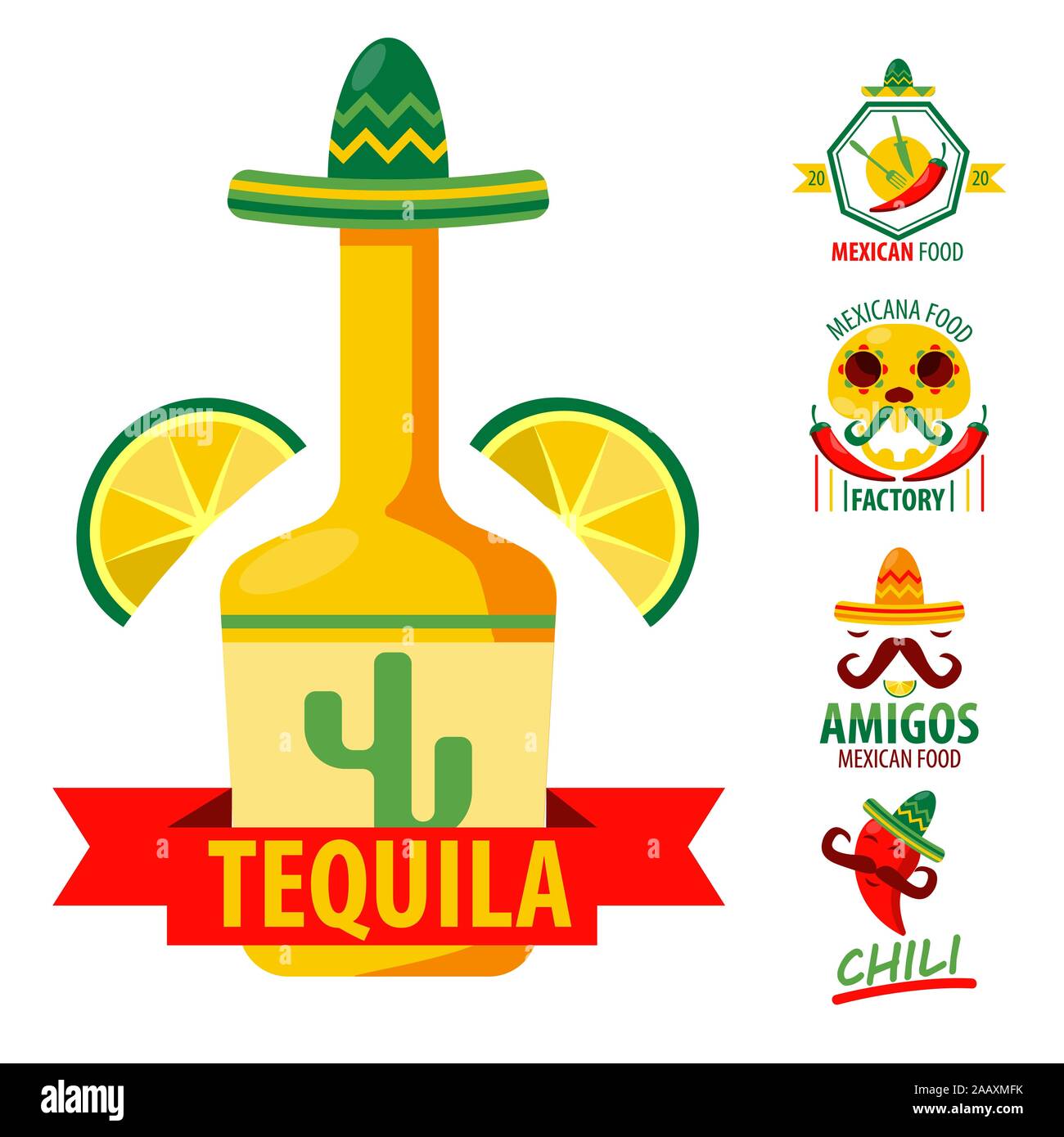 Tequila and Mexican food isolated icons, cafe and restaurant Stock ...