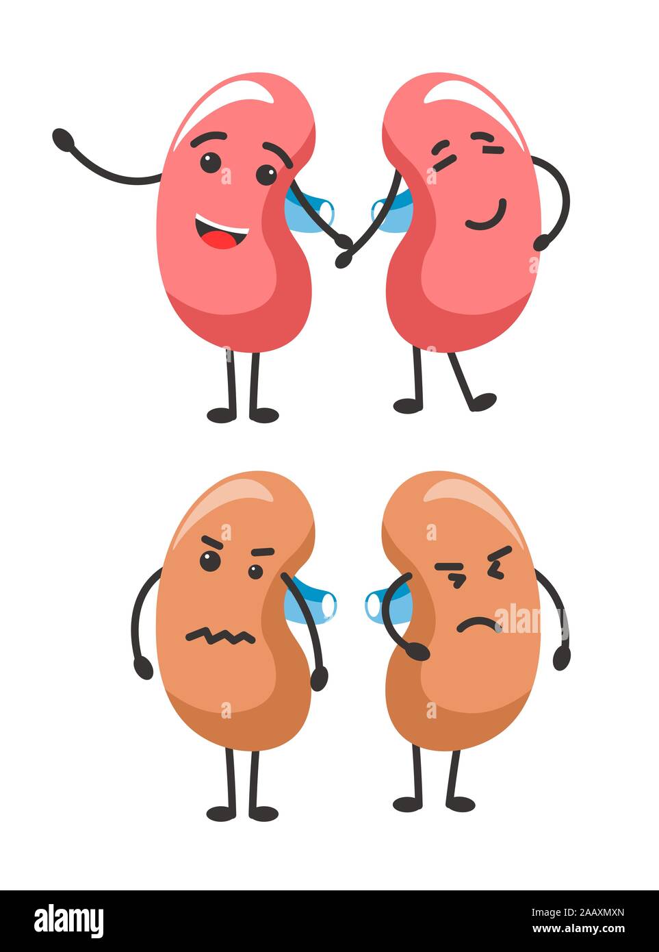 Organs with face, kidneys pair isolated icons, sick and healthy Stock ...