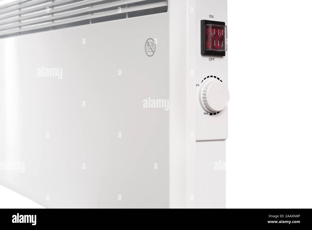 close-up part of a control panel of a white portable forced convection ...