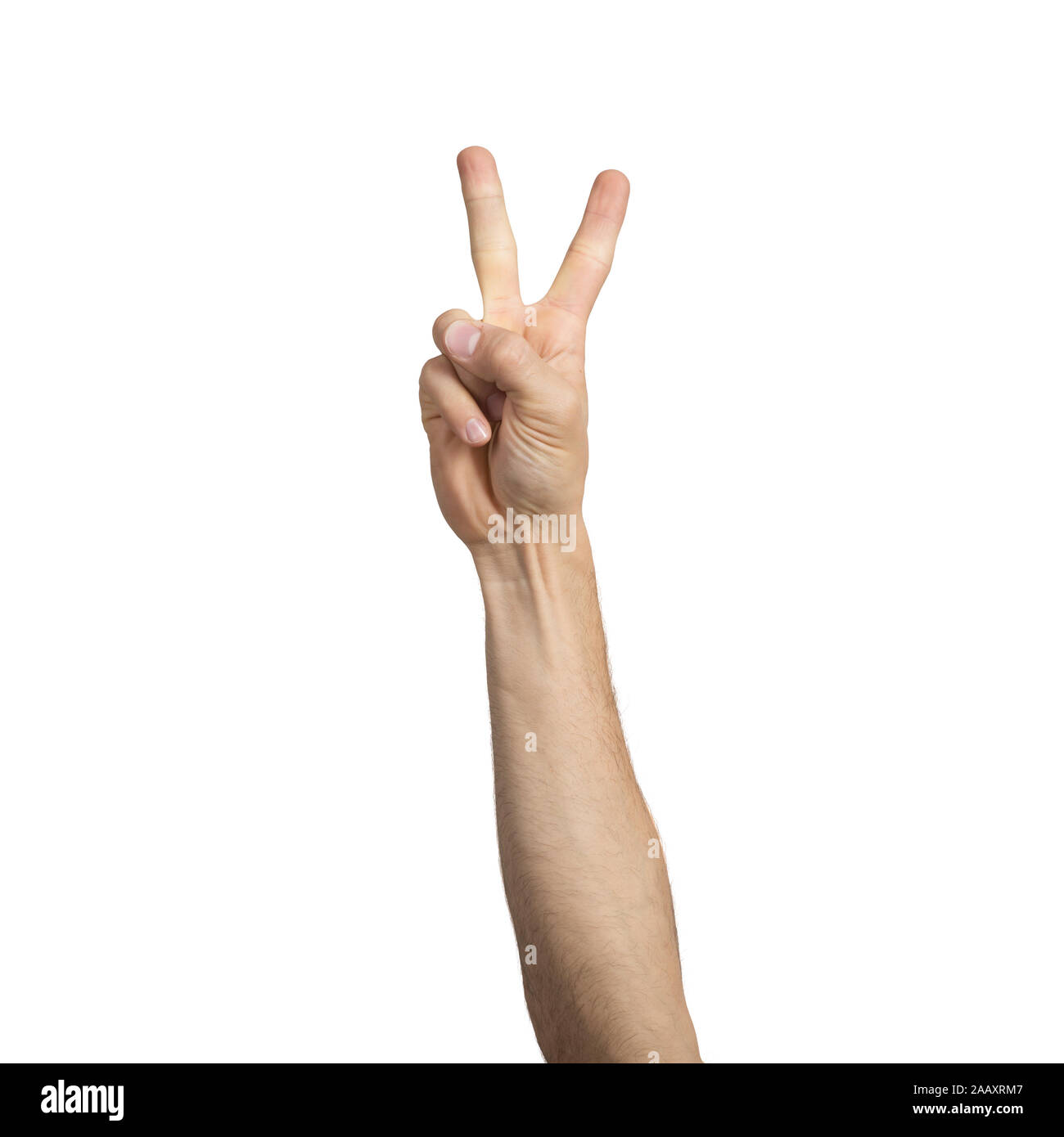 Adult man hand showing victory gesture Stock Photo - Alamy