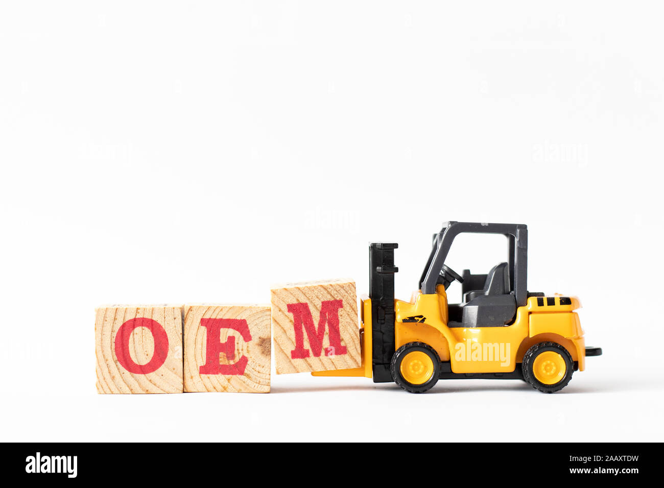 Toy Forklift Hold Wood Letter Block M To Complete Word Oem Abbbreviation Of Original Equipment