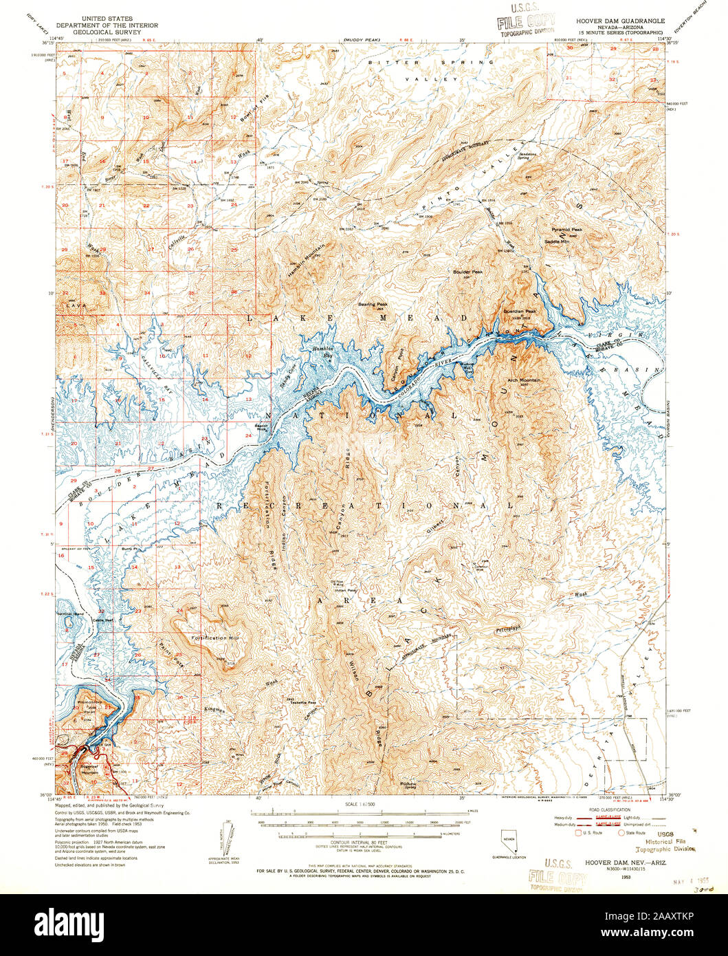 USGS TOPO Map Nevada NV Hoover Dam 320982 1953 62500 Restoration Stock ...