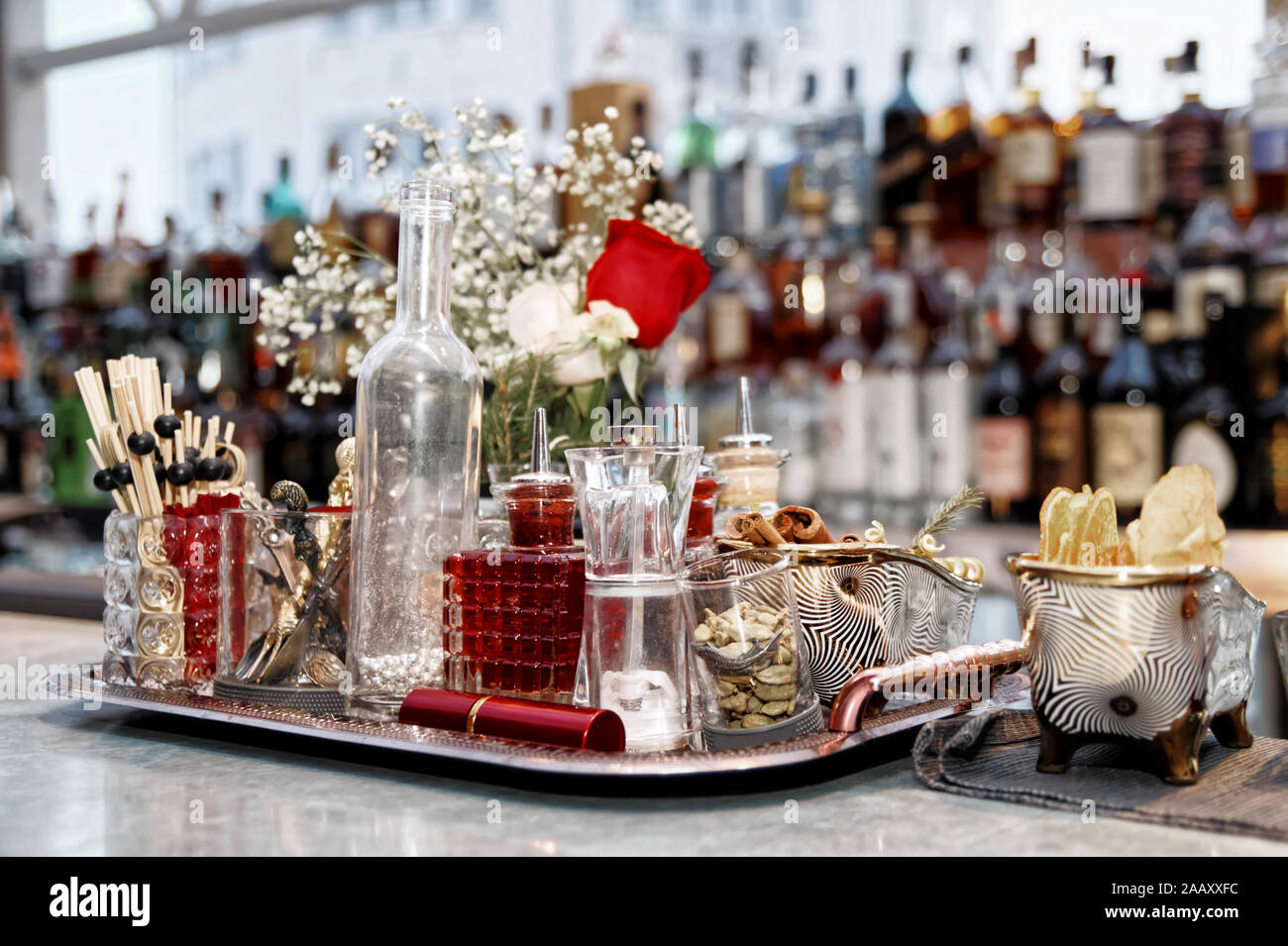 Stuff used for decorating cocktails on bar counter, toned image Stock ...
