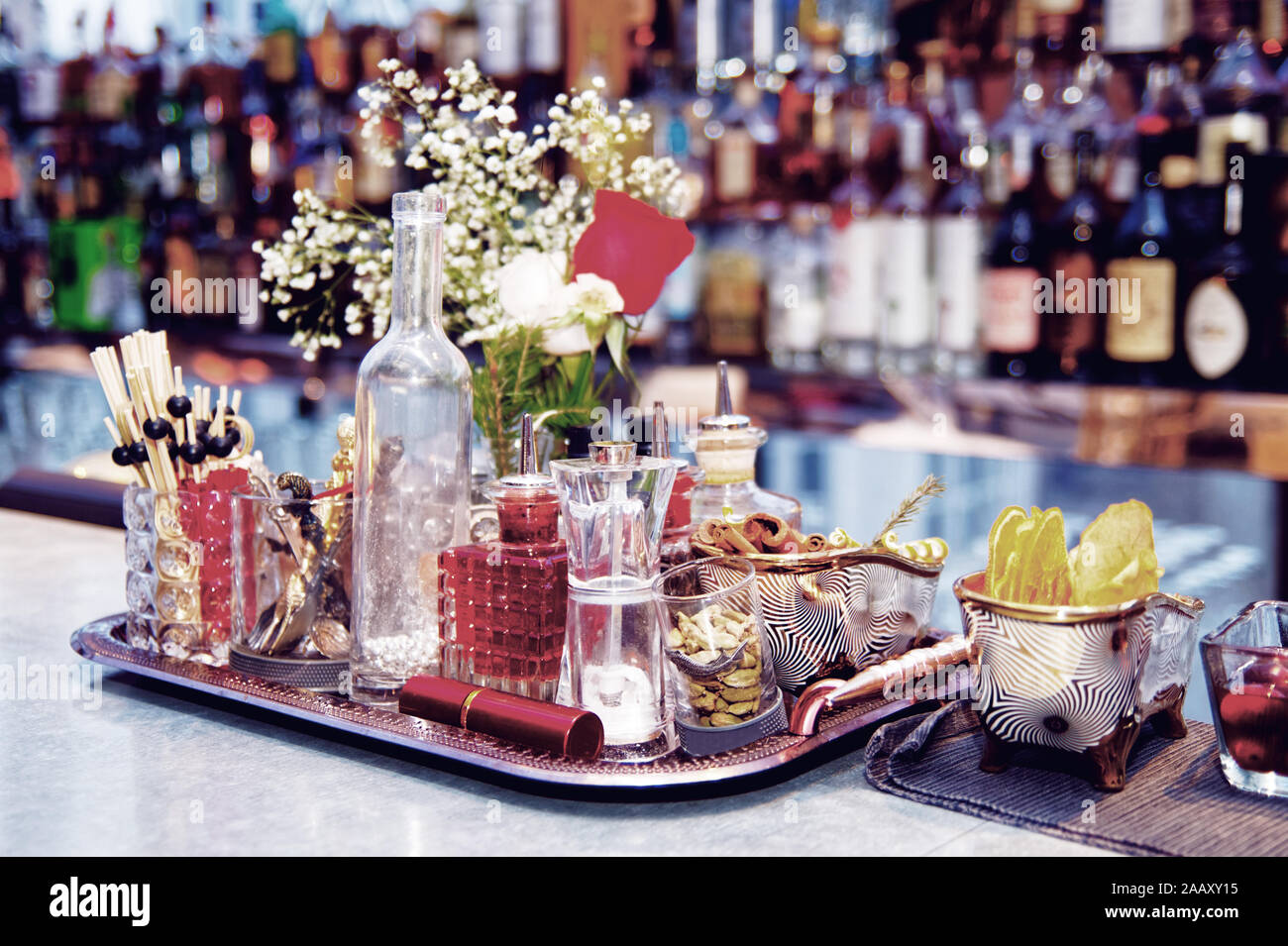 Stuff used for decorating cocktails on bar counter, toned image Stock ...