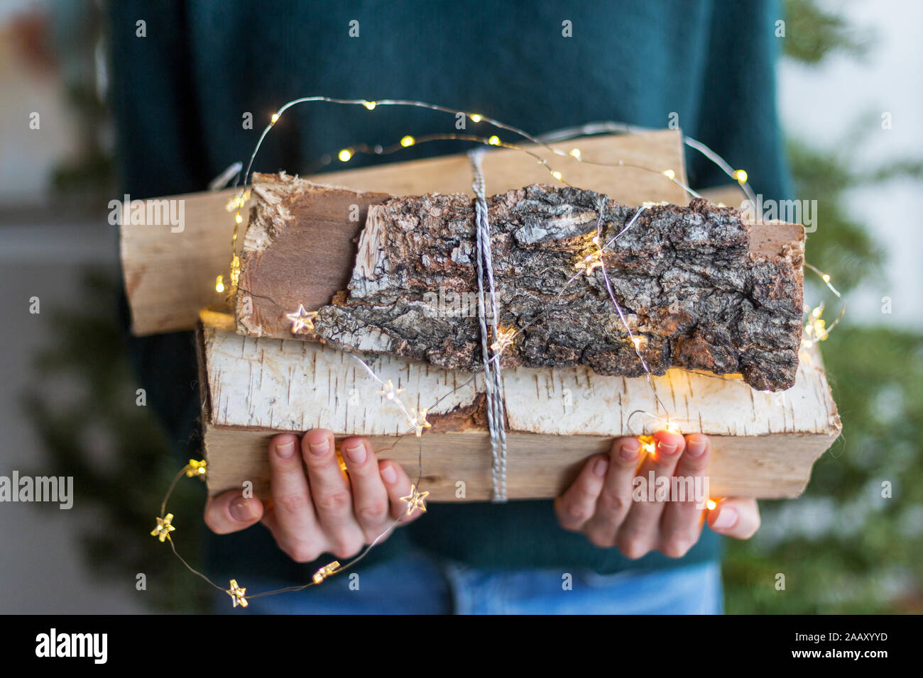 bundle of firewood with lights in girl's hand. Women hold firewood with ...