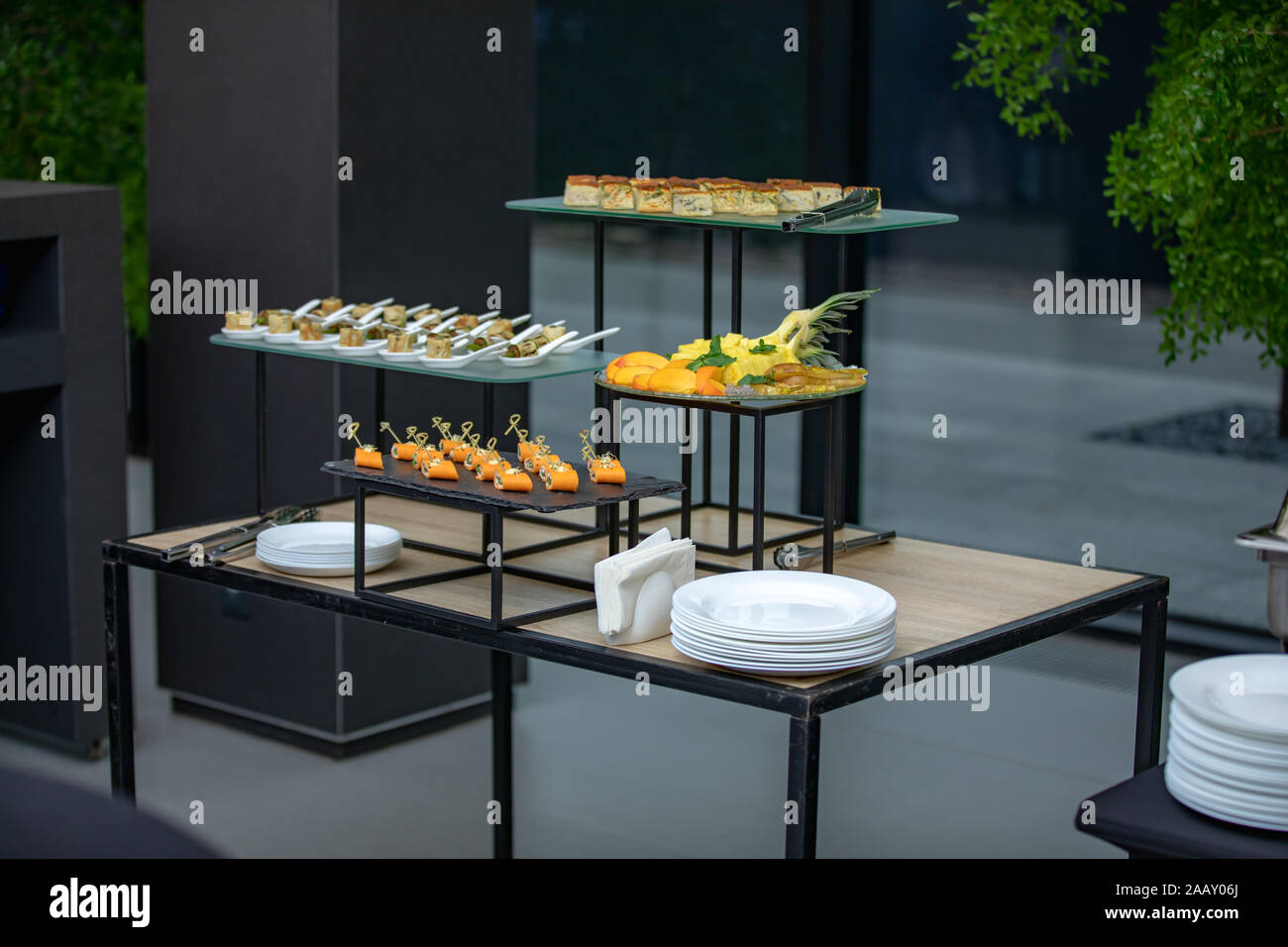 buffet food in the restaurant with loft interiors. catering service ...