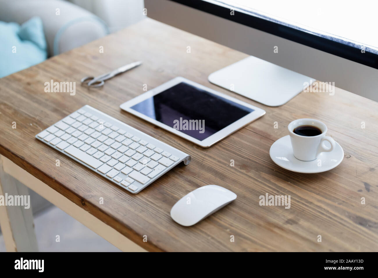Picture of modern office desk with devices Stock Photo - Alamy