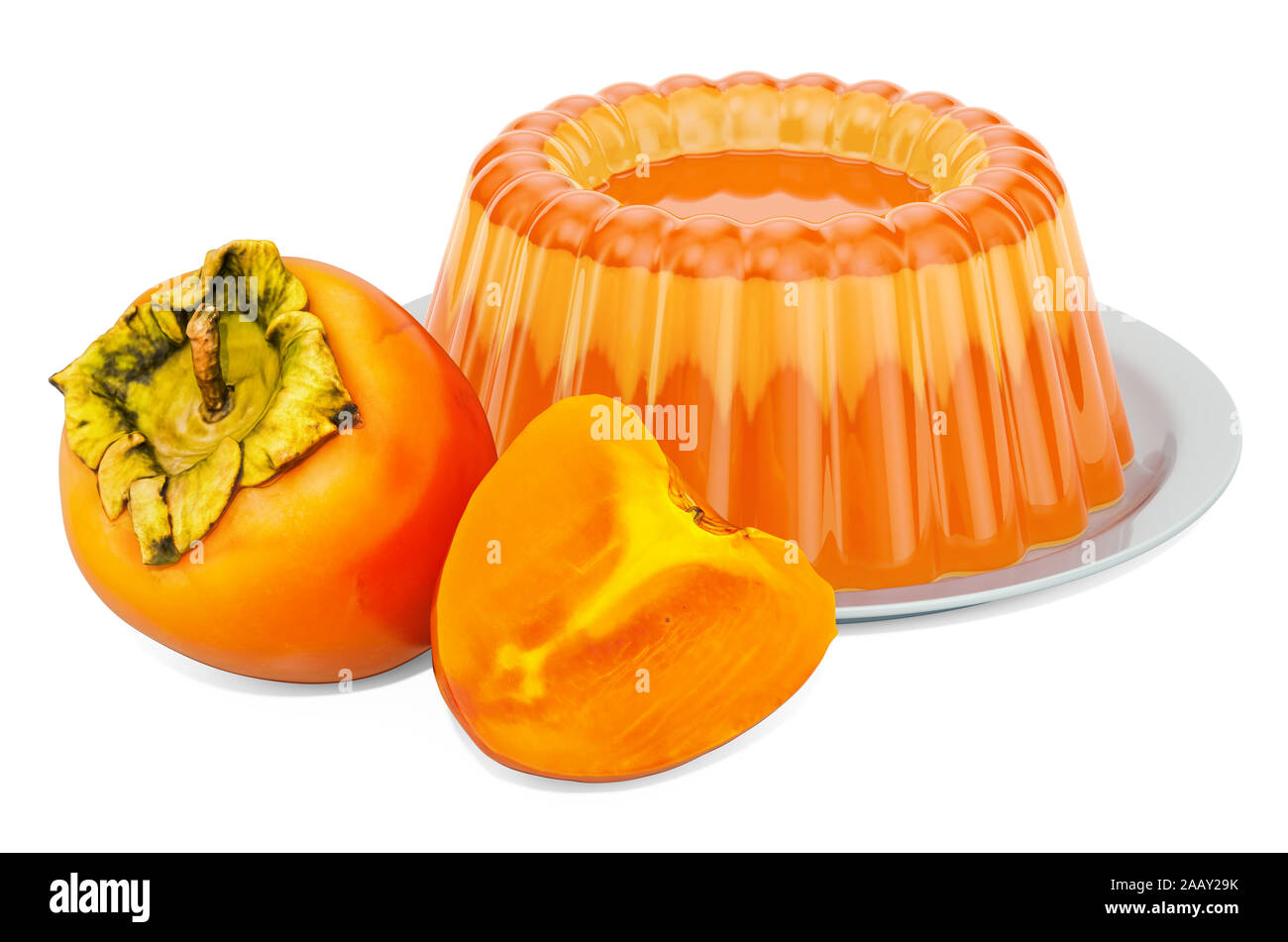 Persimmon Jelly on a plate with persimmons, 3D rendering isolated on ...