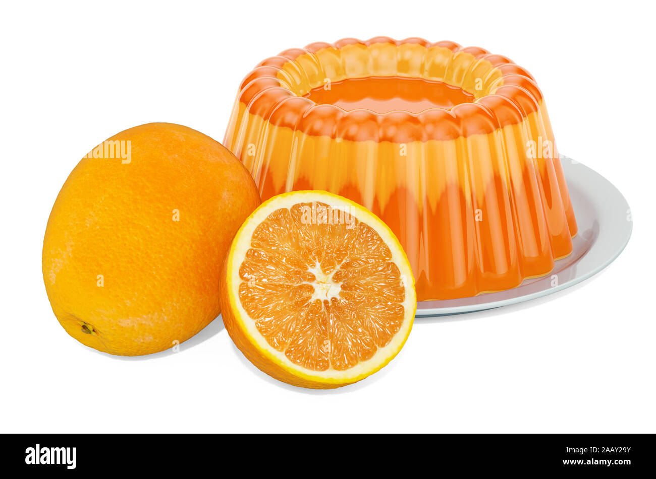 Orange Jelly on a plate with oranges, 3D rendering isolated on white ...