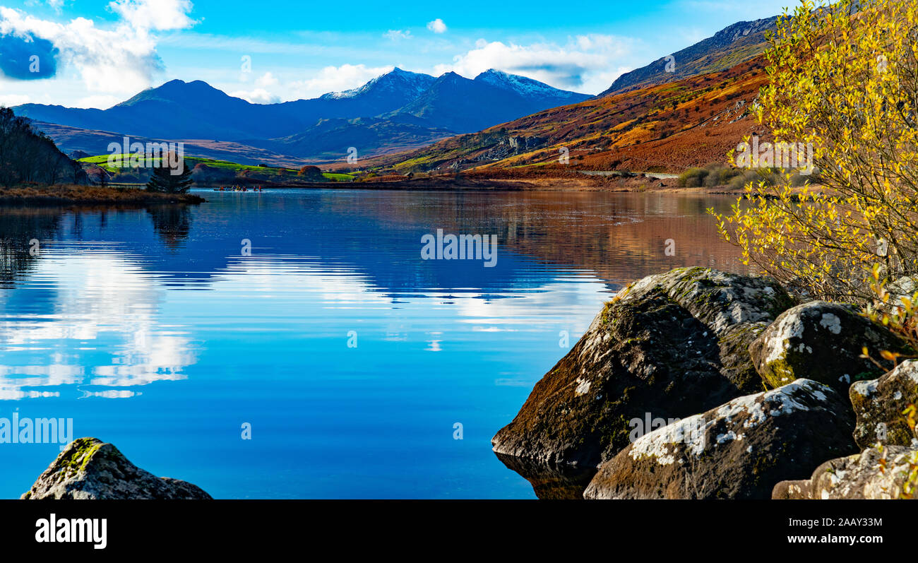 Mount Snowdon, viewed from Llyn Mymbyr, near Capel Curig, Gwynedd ...