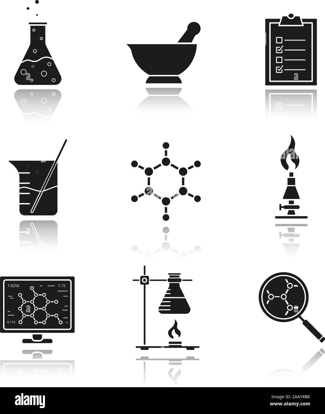 Chemical laboratory equipment drop shadow black icons set. Beaker with ...