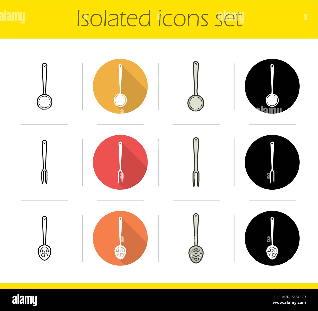 Kitchen tools icons set. Flat design, linear, black and color styles ...