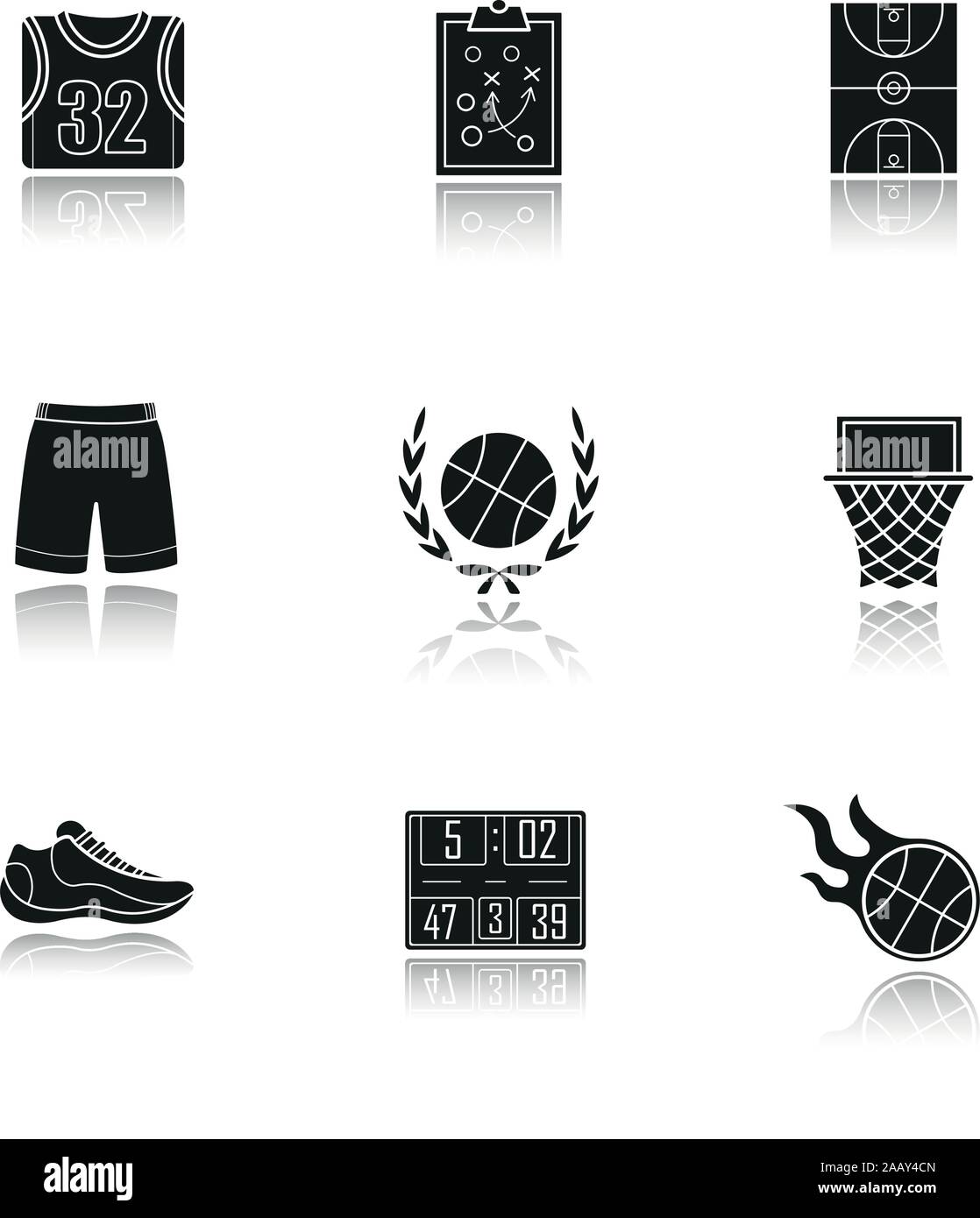 Basketball drop shadow black icons set. Basketball uniform, burning ...