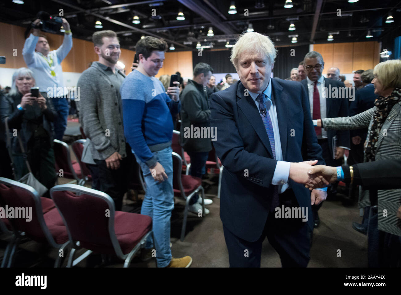 Prime Minister Boris Johnson leaves the stage after unveiling his party ...