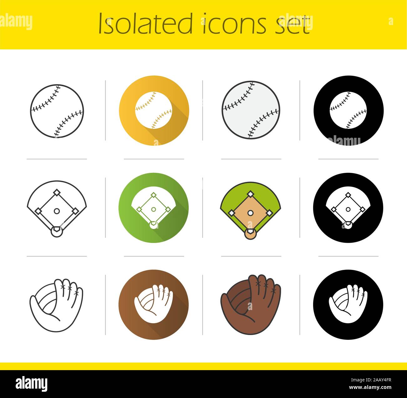 Baseball equipment icons set. Flat design, linear, black and color ...