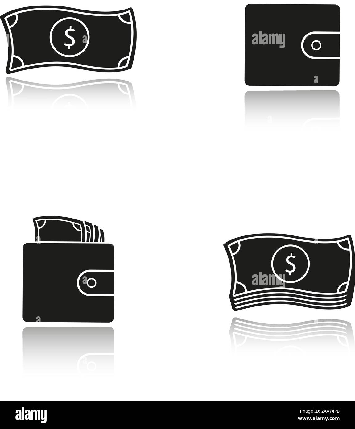 Money drop shadow black icons set. Dollar bills stack, leather wallet ...