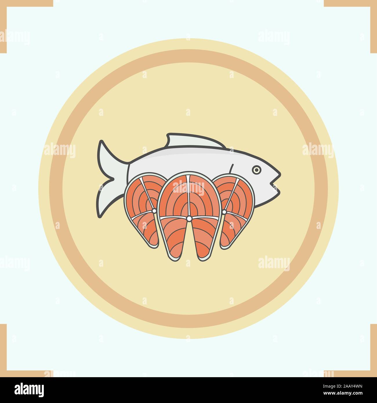 Fish fillet color icons set. Seafood store sign. Salmon steaks on ...
