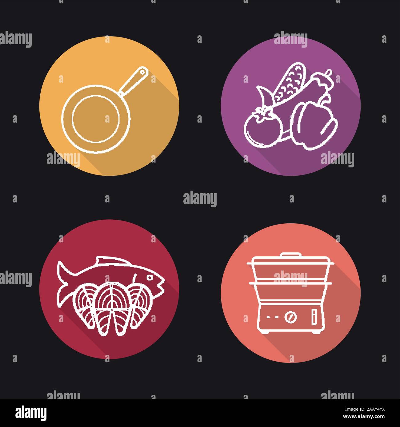 Steam cooking flat linear long shadow icons set. Frying pan, vegetables ...