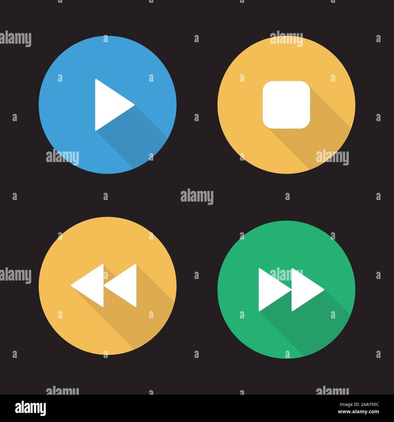 Audio player flat design long shadow icons set. Play, stop, forward and ...