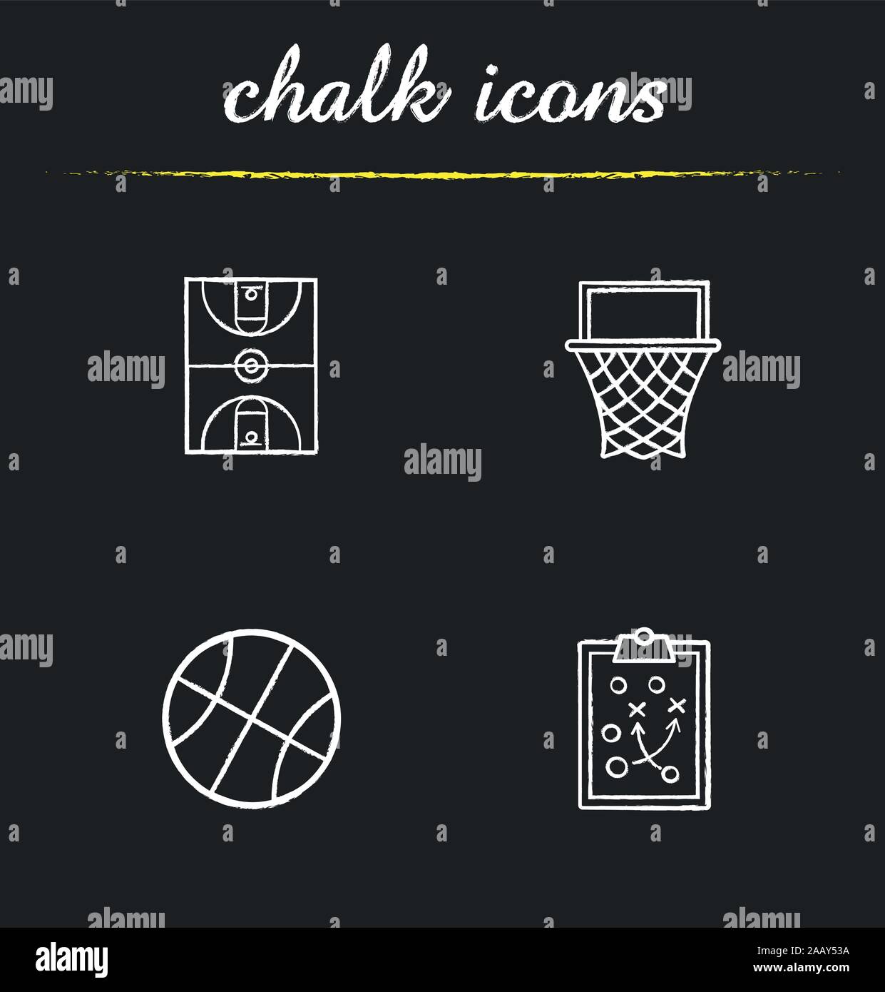 Basketball icons set. Hoop, ball, field, clipboard game plan ...