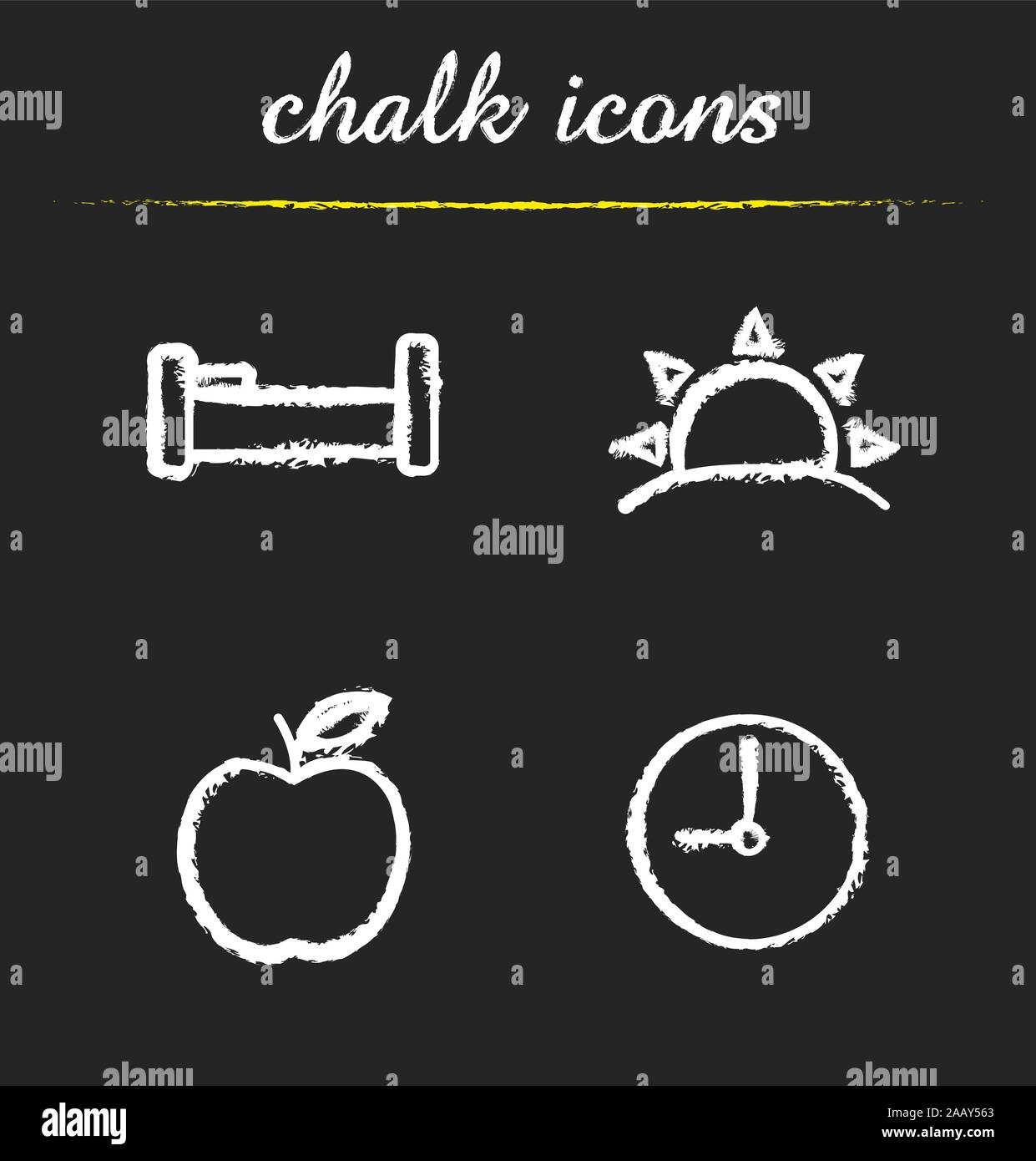 Daily timetable icons set. Bed, sunrise, apple and clock. Waking up ...