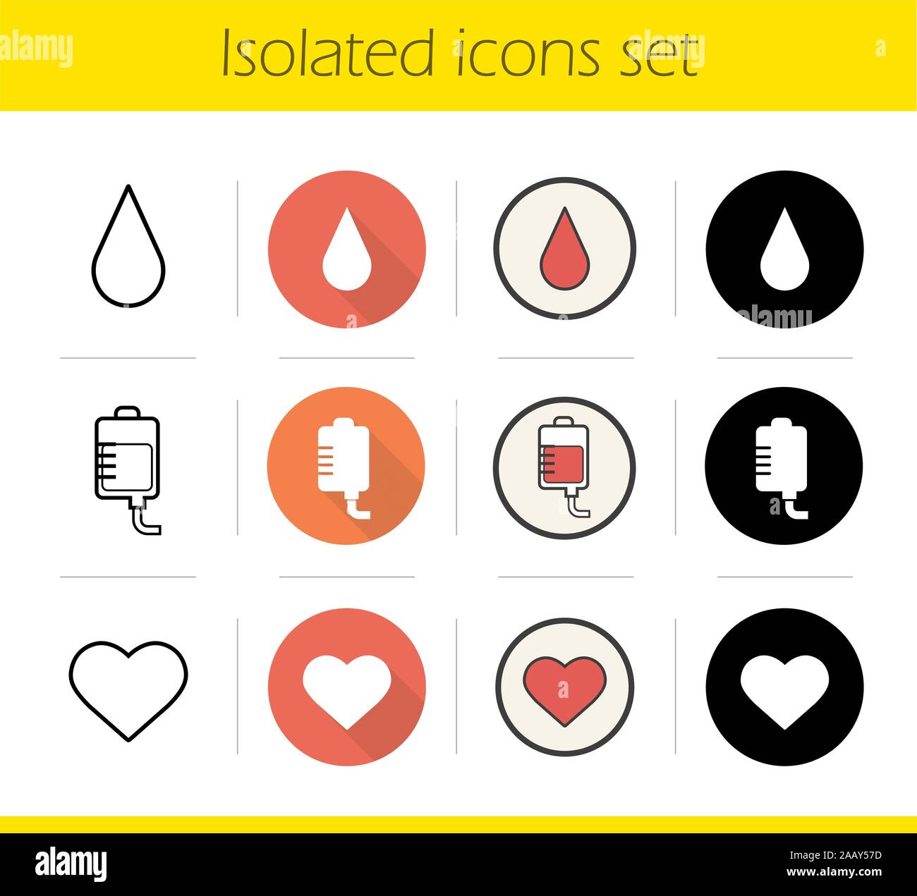 Blood donation icons set. Flat design, linear, black and color styles ...