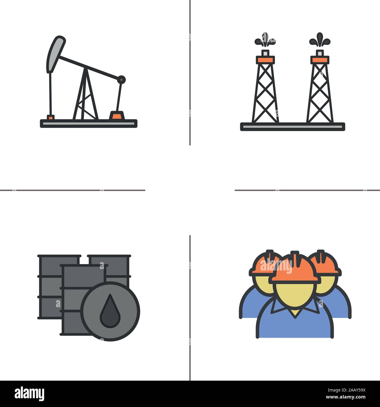 Oil industry color icons set. Oil pumpjack, drilling rig, barrels and ...