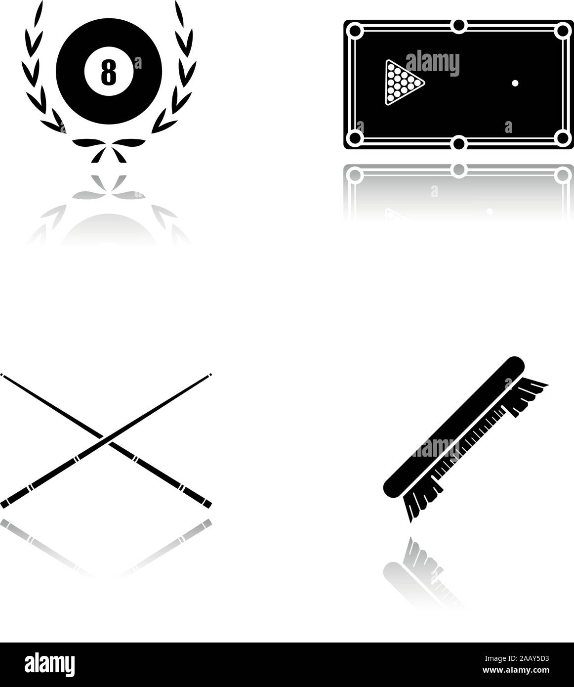 Billiard equipment drop shadow black icons set. Billiard brush, table ...
