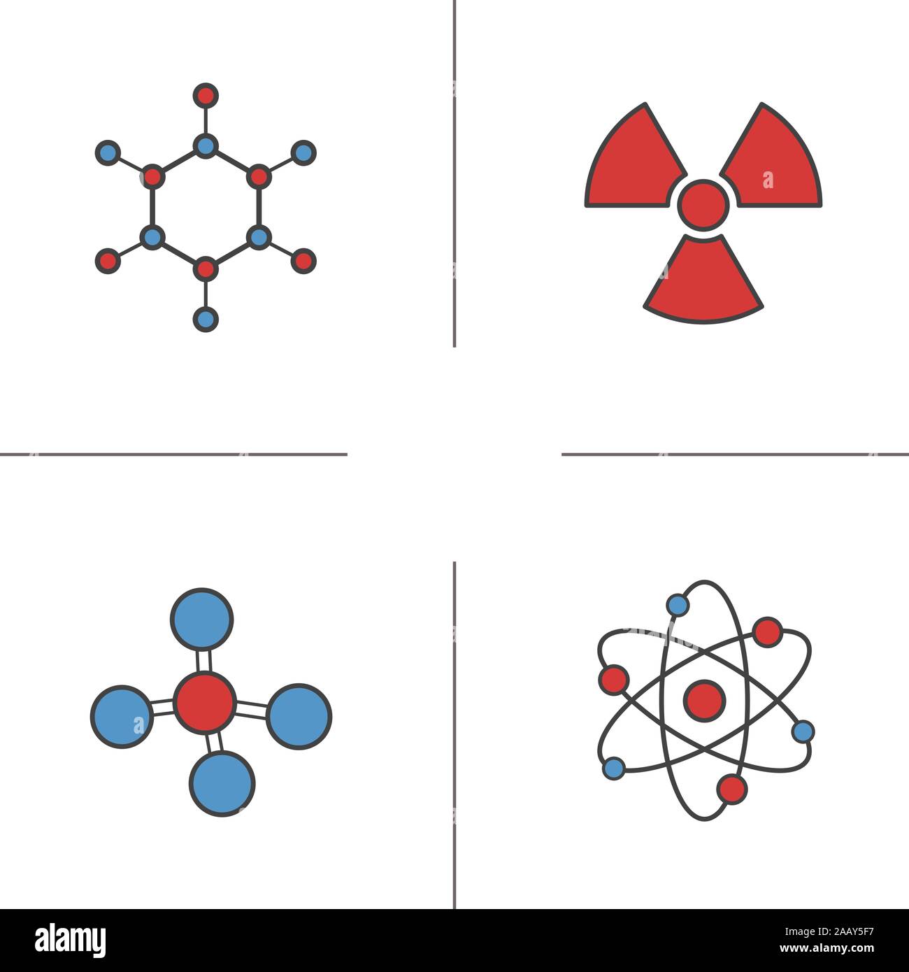 Chemistry and physics color icons set. Atom, molecule and radioactive ...