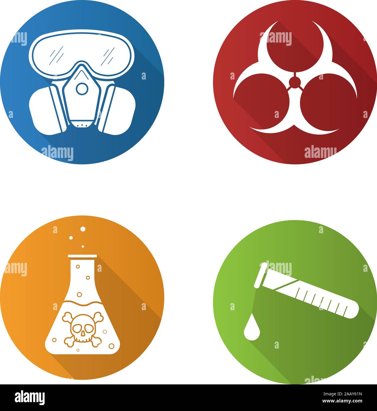 Chemical industry flat design long shadow icons set. Gas mask, danger ...