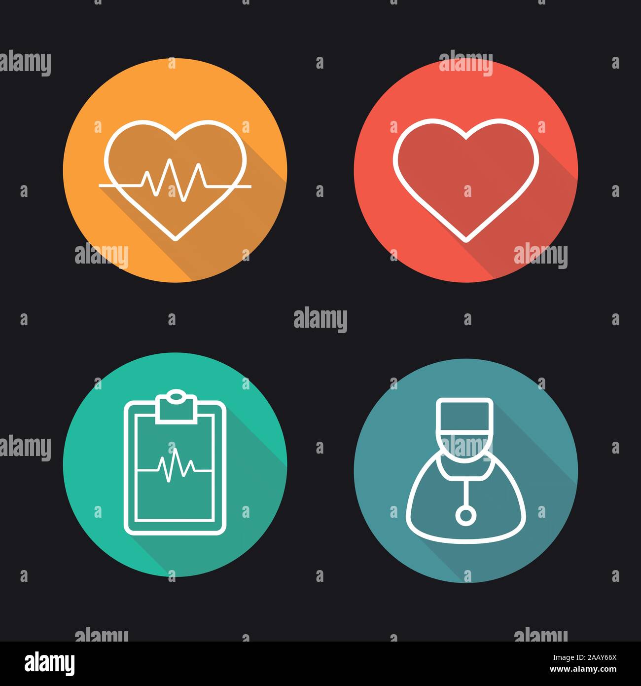 Cardiology flat linear long shadow icons set. Heart pulse analysis ...