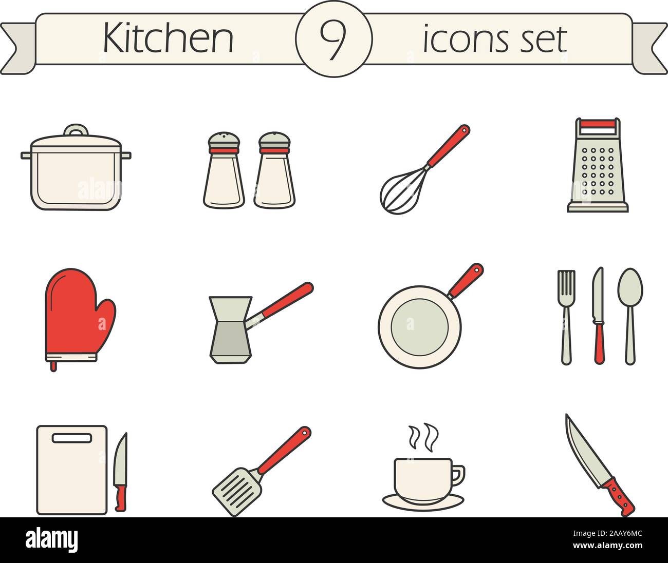 Kitchen utensils color icons set. Saucepan, salt and pepper shakers ...