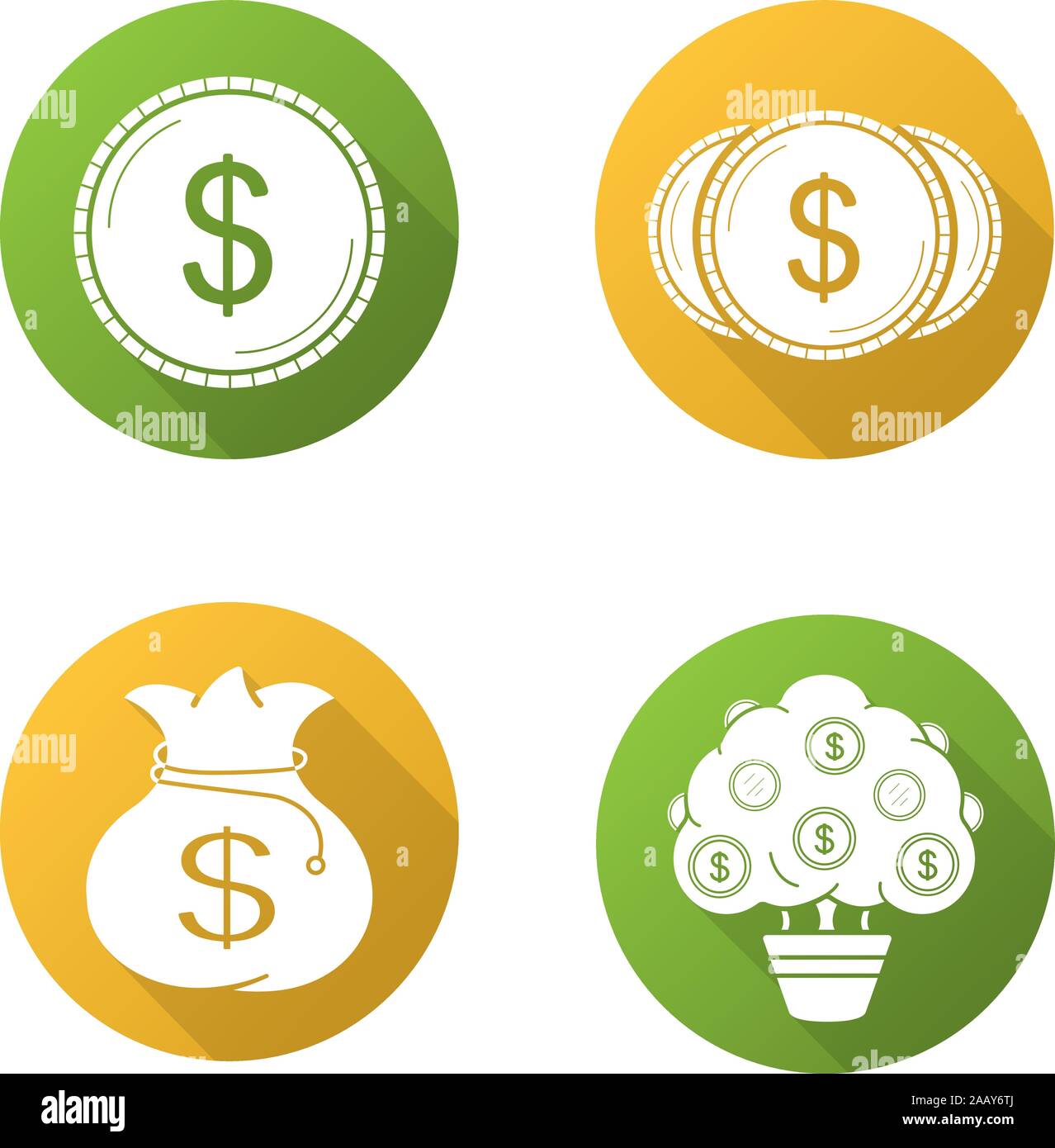 Money flat design long shadow icons set. Dollar coins, money bag and ...