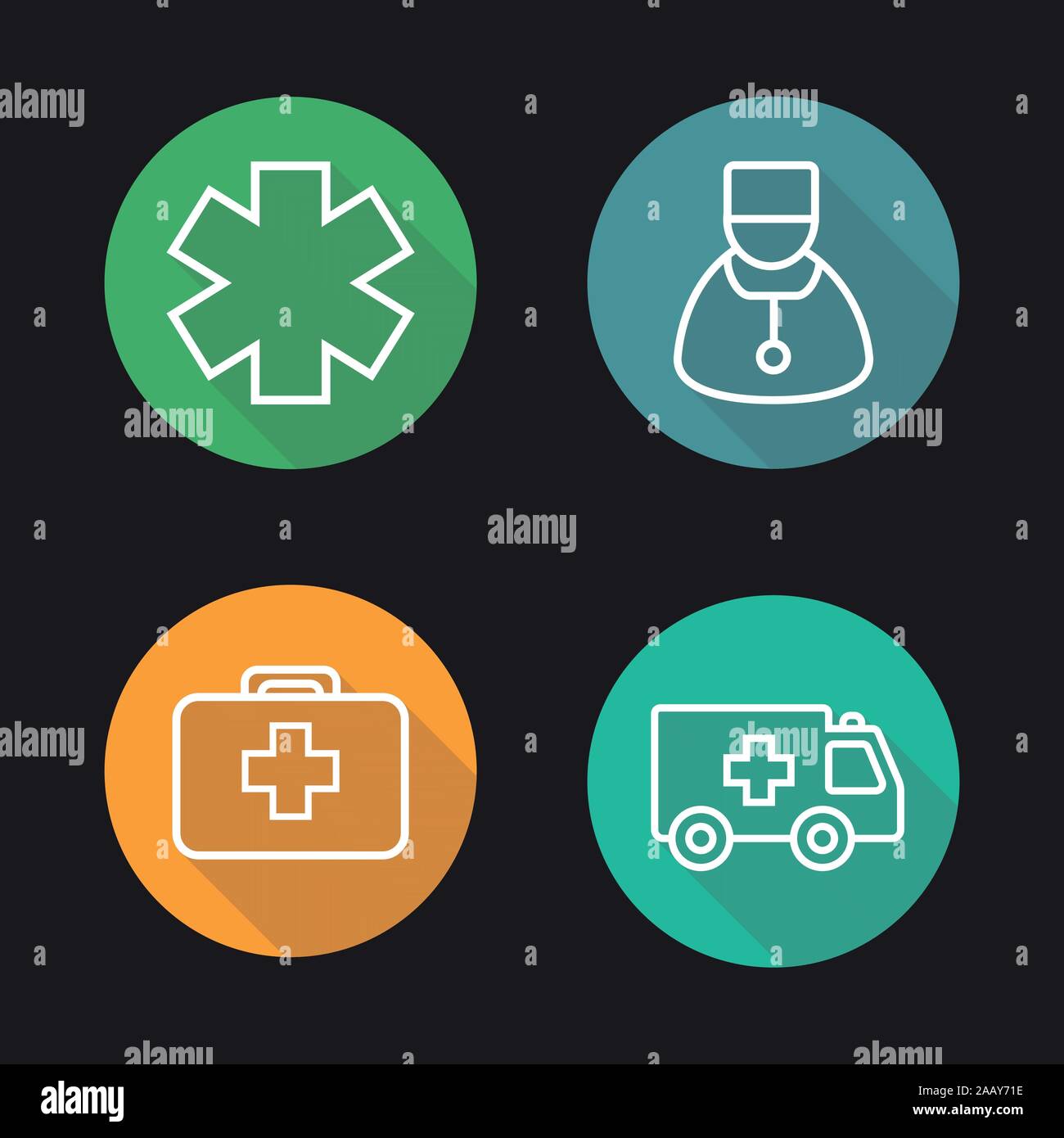 Medicine flat linear long shadow icons set. Star of life, doctor with ...