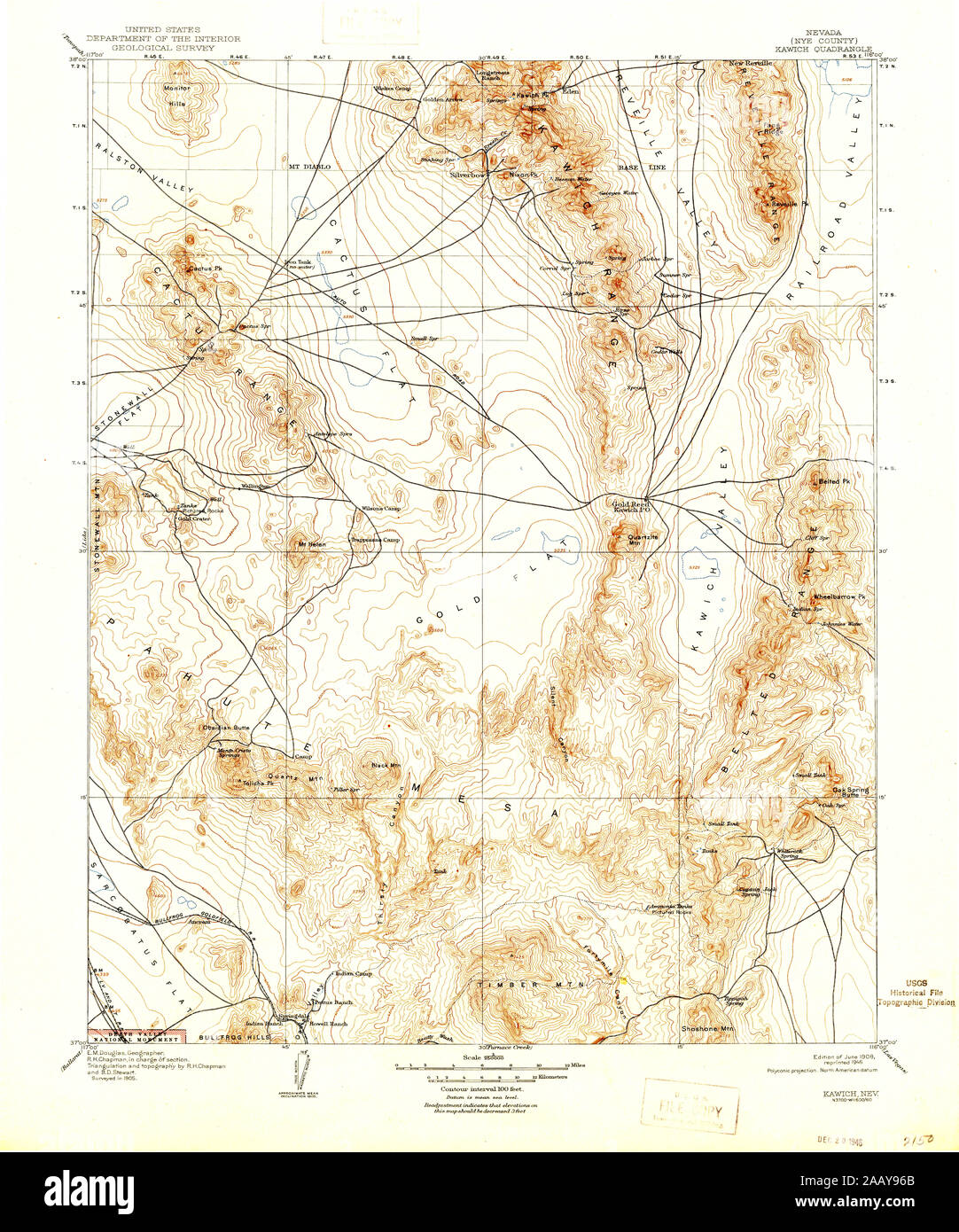 USGS TOPO Map Nevada NV Kawich 321698 1908 250000 Restoration Stock ...
